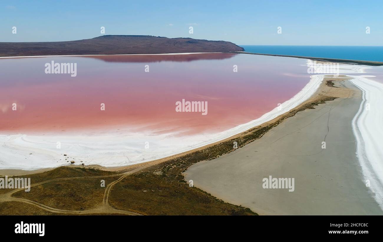 Aerial view of the unique salty pink lake in Crimea, Russia. Natural ...