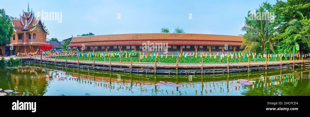 Panorama of Wat Chetlin (Jedlin, Jetlin) temple with lake, bamboo ...