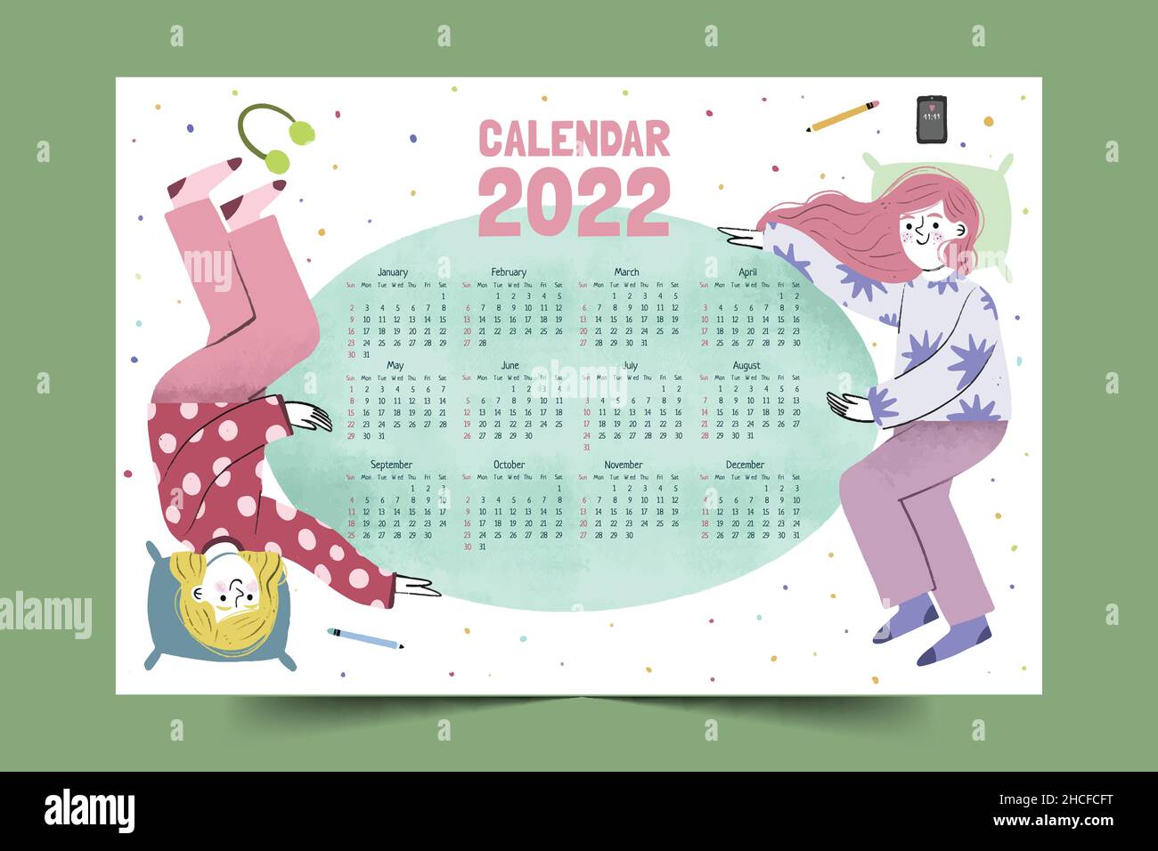 hand drawn 2022 calendar template abstract design vector illustration ...