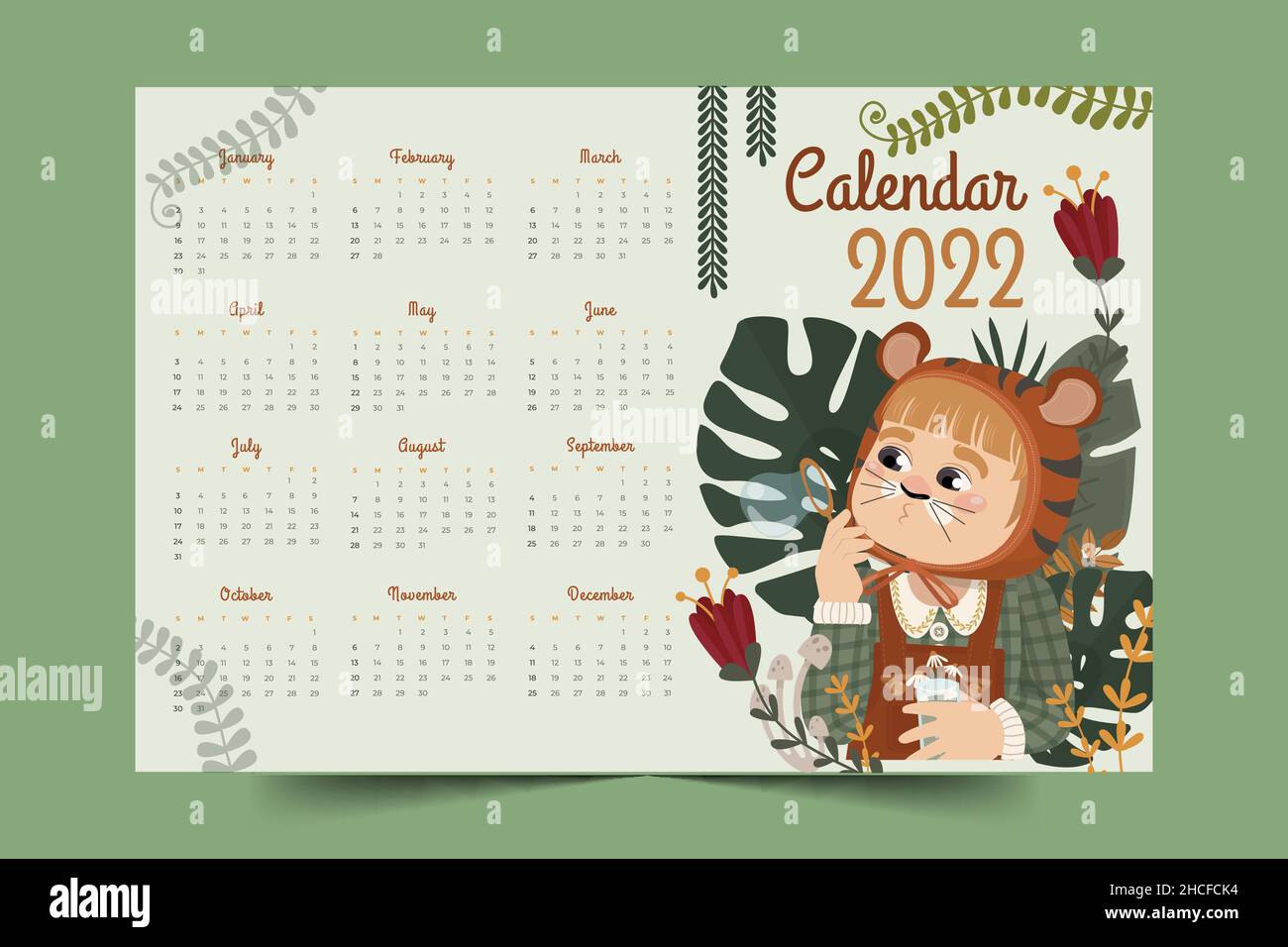 hand drawn 2022 calendar template abstract design vector illustration ...