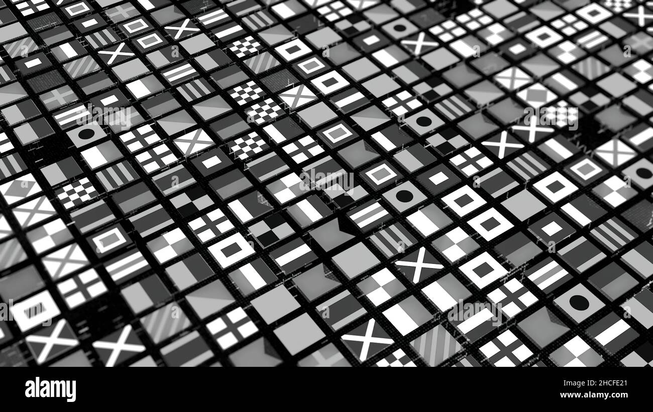 Monochrome icons with the flags of many different countries illustrated ...