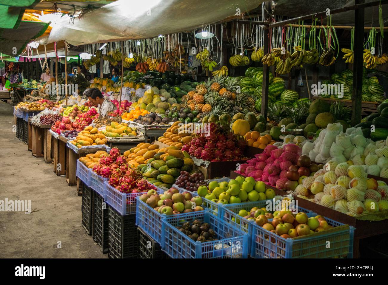 A stall of fresh fruit and vegetable food vendor, in Nyaung shwe market ...