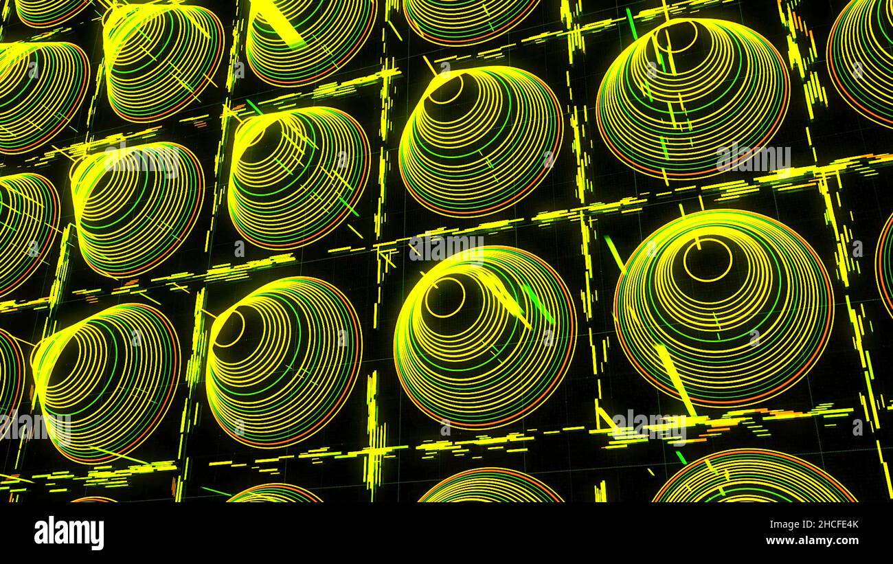Glowing circular elements forming conical shaped figures placed in rows ...