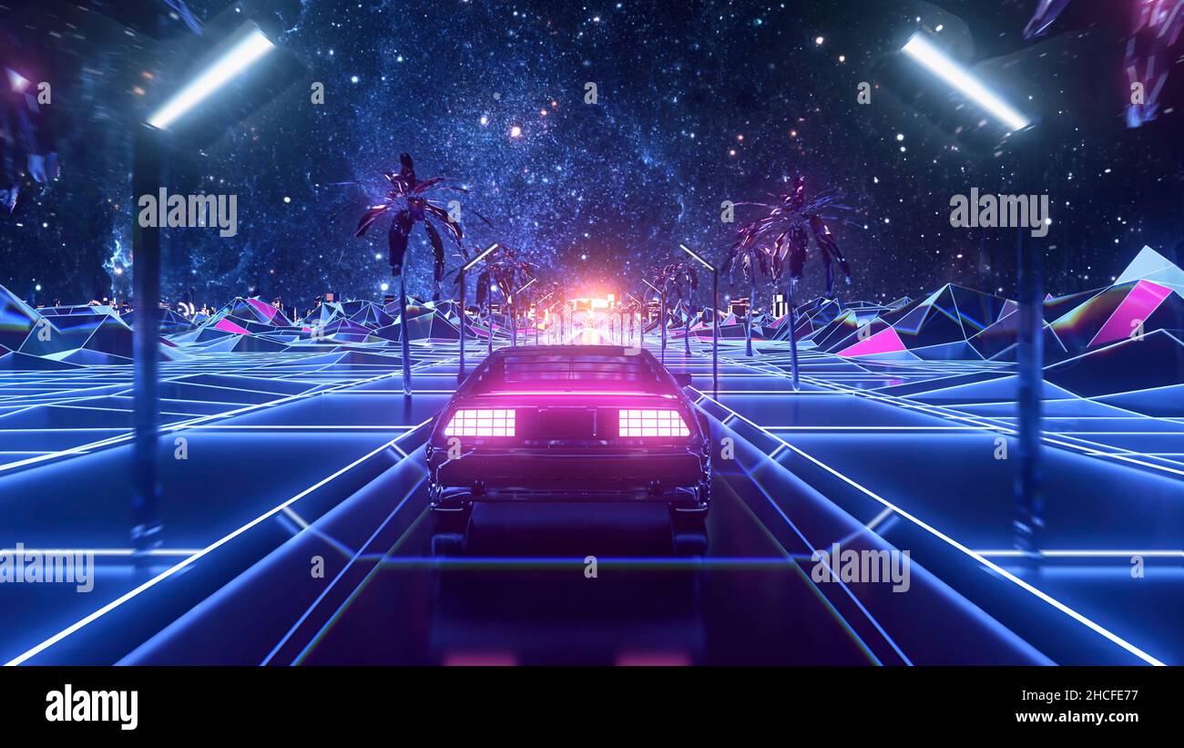 Abstract landscape of the futuristic neon city and the road with moving ...