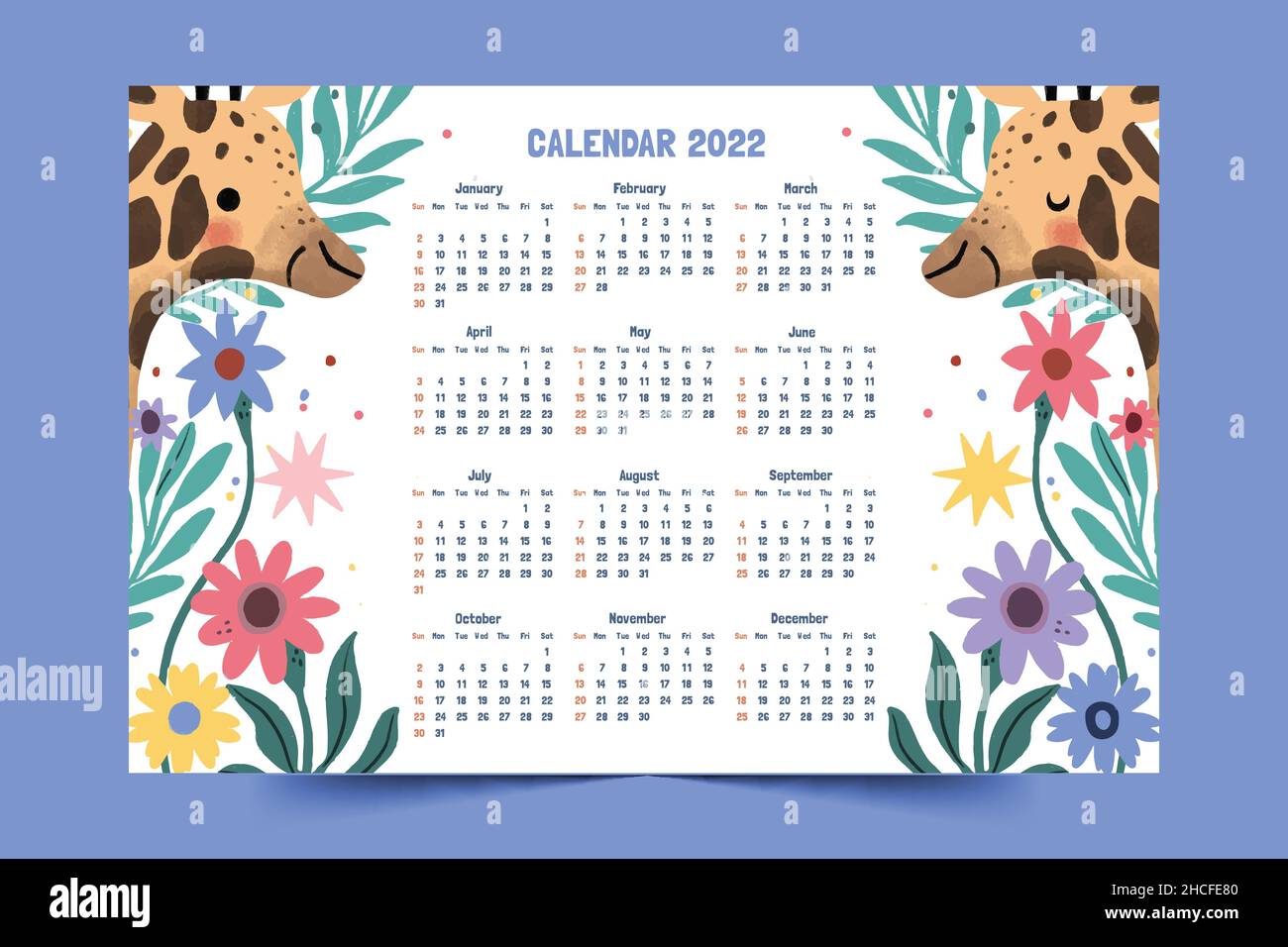 hand drawn 2022 calendar template abstract design vector illustration ...