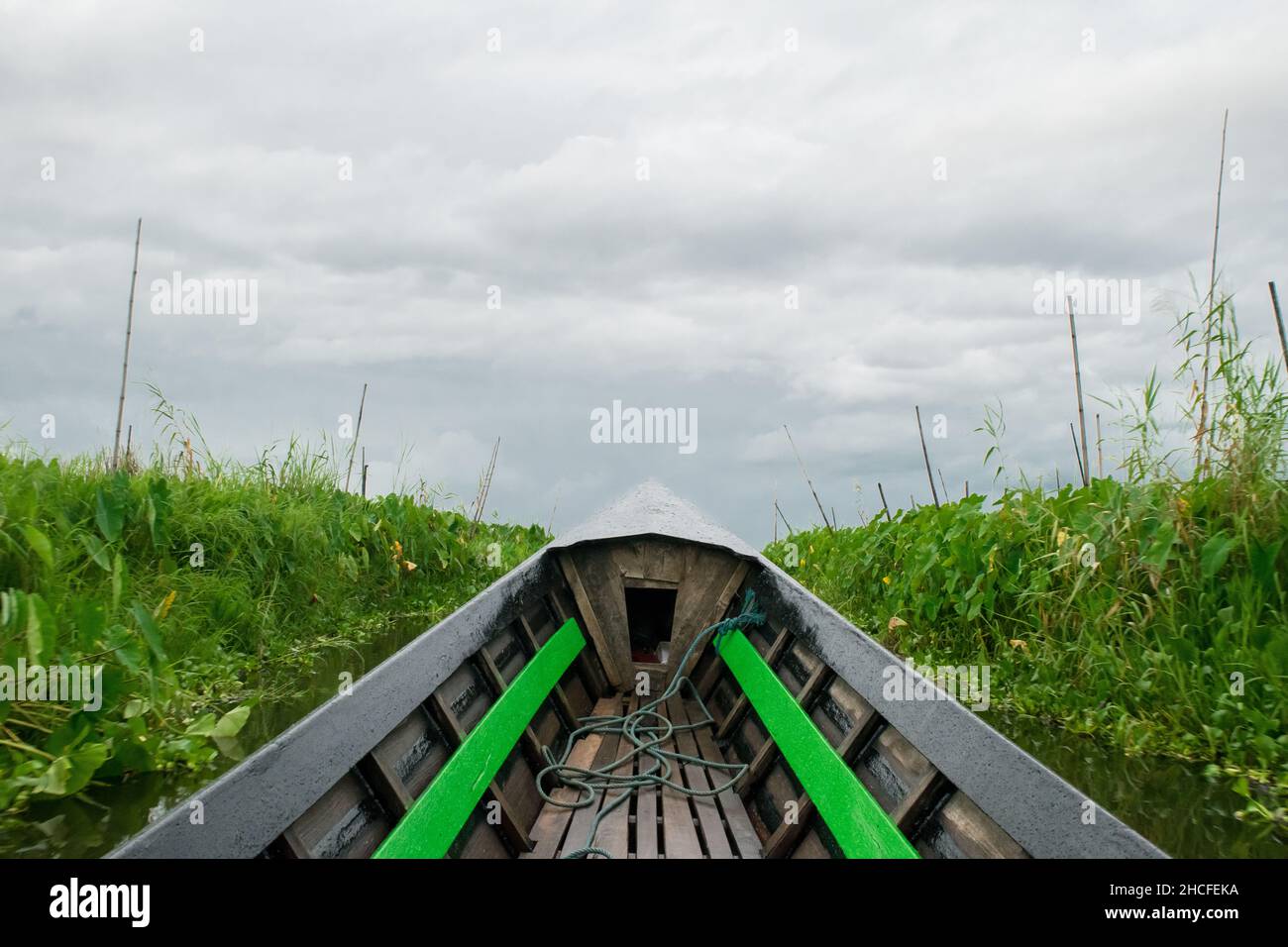 First person view while travelling on a Burmese long boat in Inle Lake ...