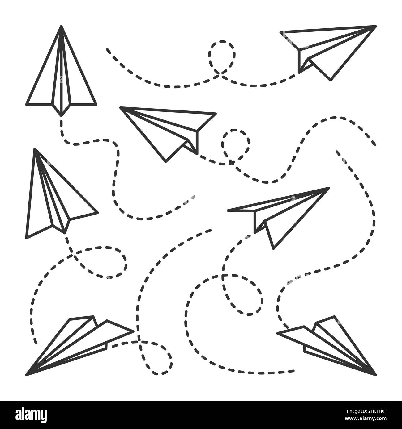 Various hand drawn paper planes. Black doodle airplanes with dotted ...