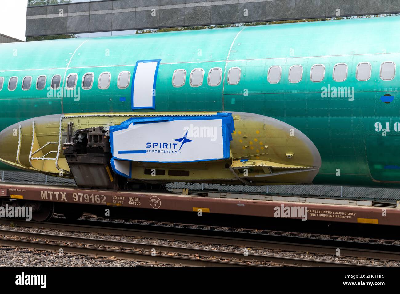 Seattle, USA. 13 Nov, 2021: A Boeing plane downtown seattle on rail ...