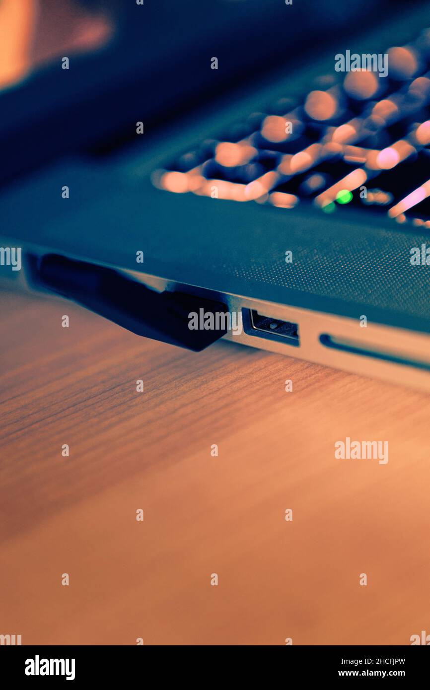 Angled view close up of USB dongle connected to computer Stock Photo ...