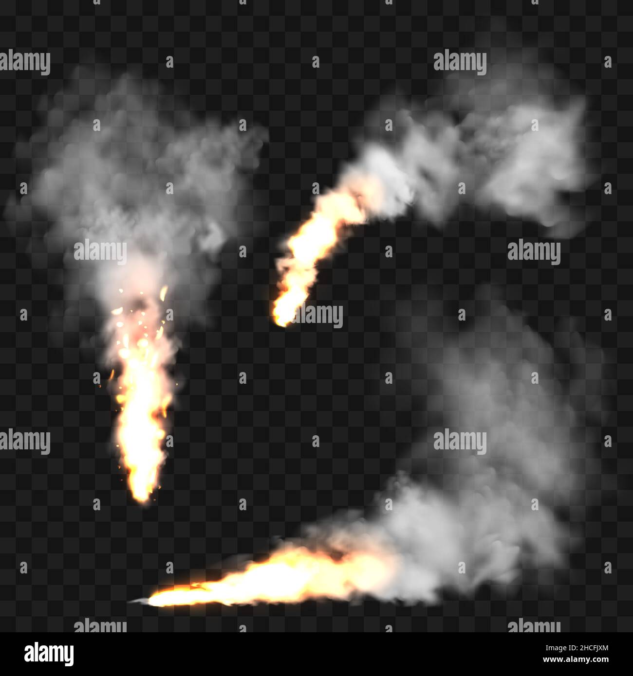 Realistic smoke clouds and fire. Flame blast, explosion. Stream of ...