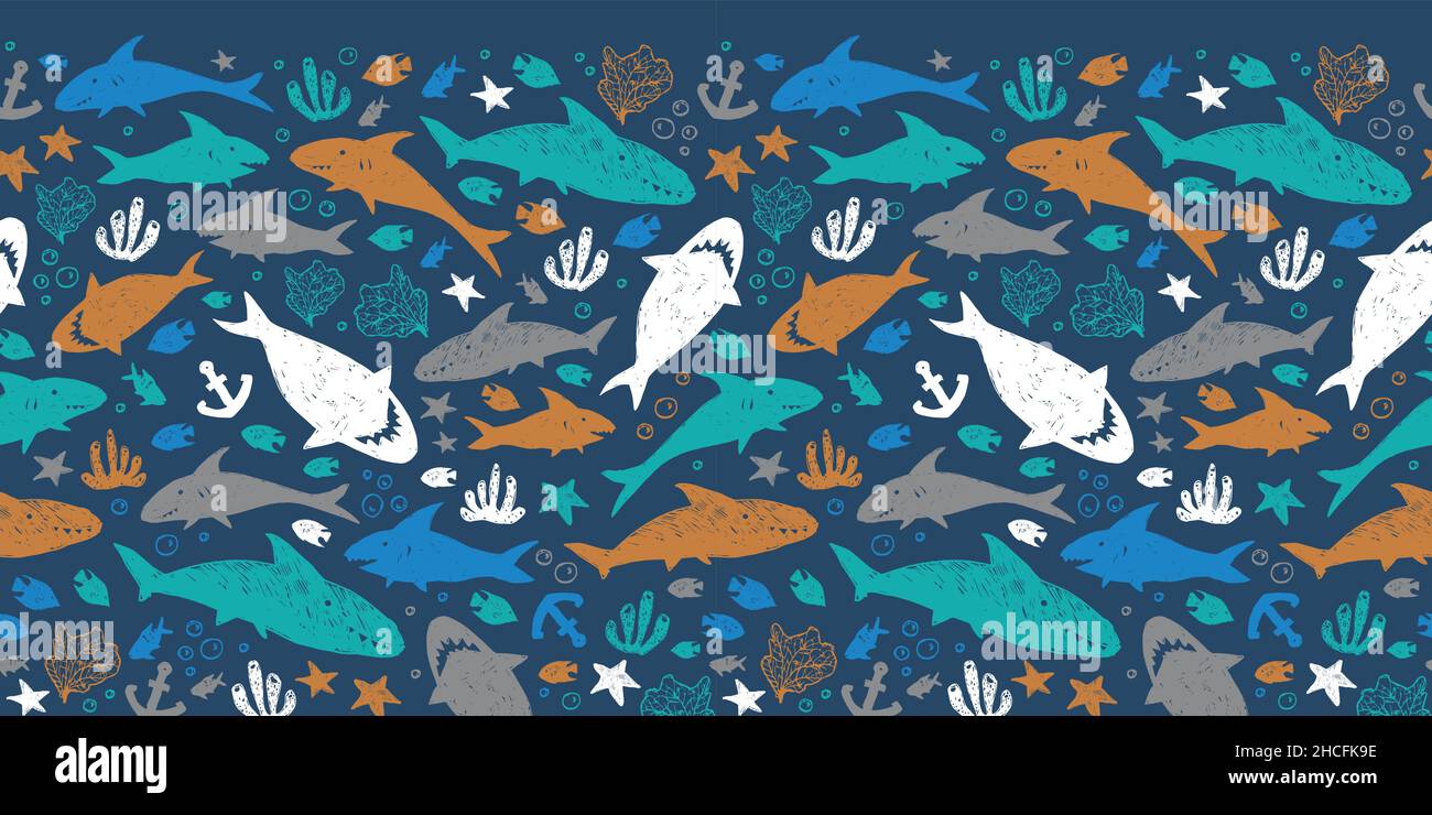 Vector dark blue colourful cute shark pen sketch horizontal border ...