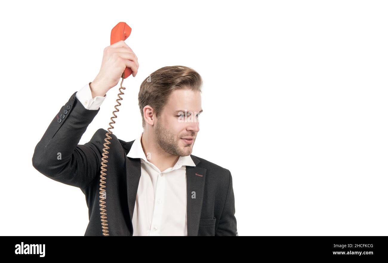 Serious telephone call manager hold old-fashioned vintage phone ...