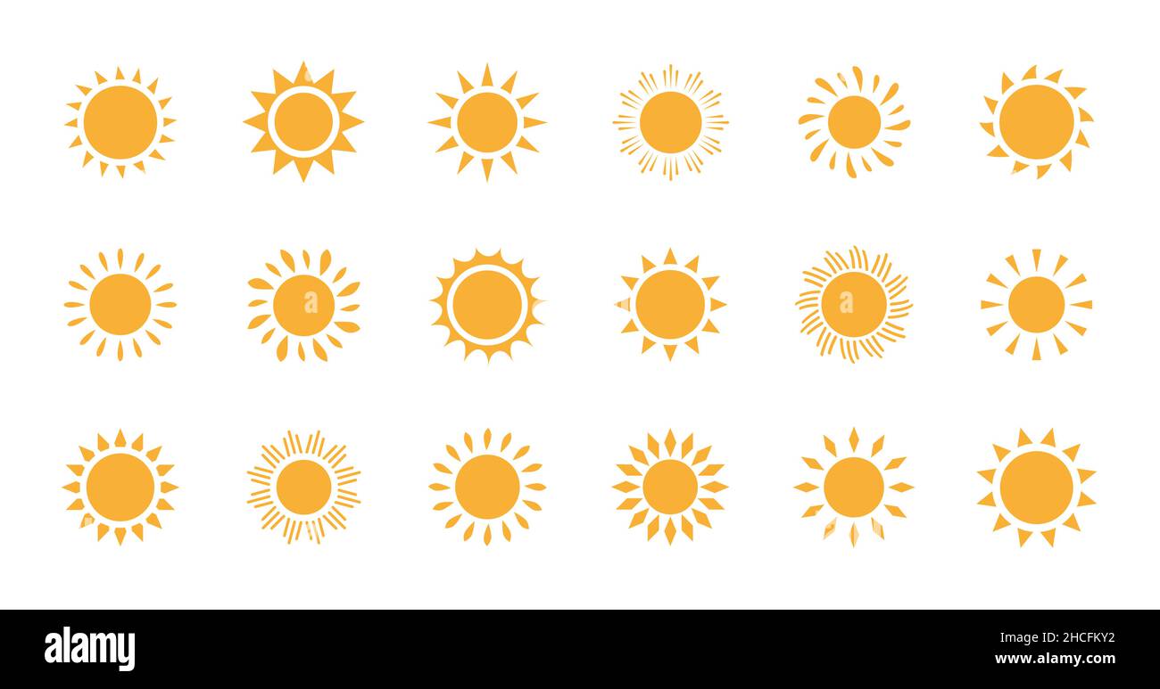 Yellow sun icon vector set. Summer, heat symbol Isolated on white ...