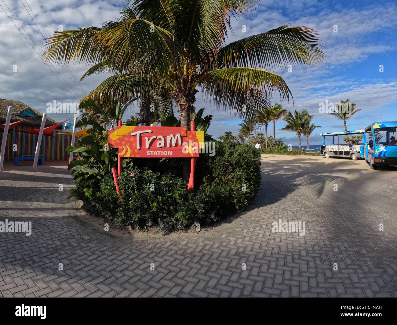 Bahamas - December 7, 2021: The Tram stop sign at Coco Cay which is ...