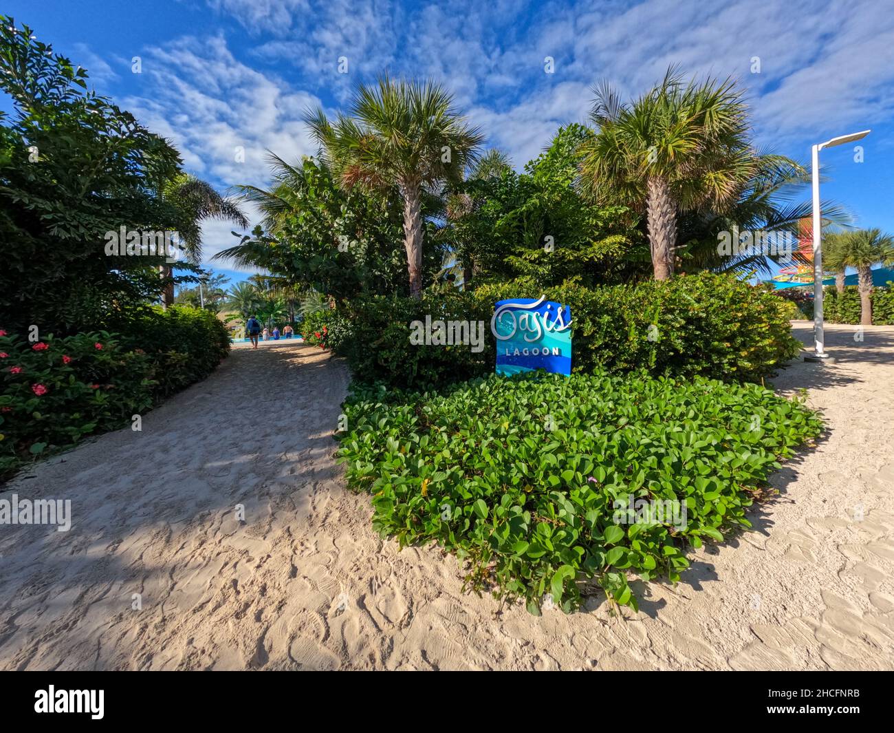 Bahamas - December 7, 2021: The Oasis Pool sign at Coco Cay which is ...