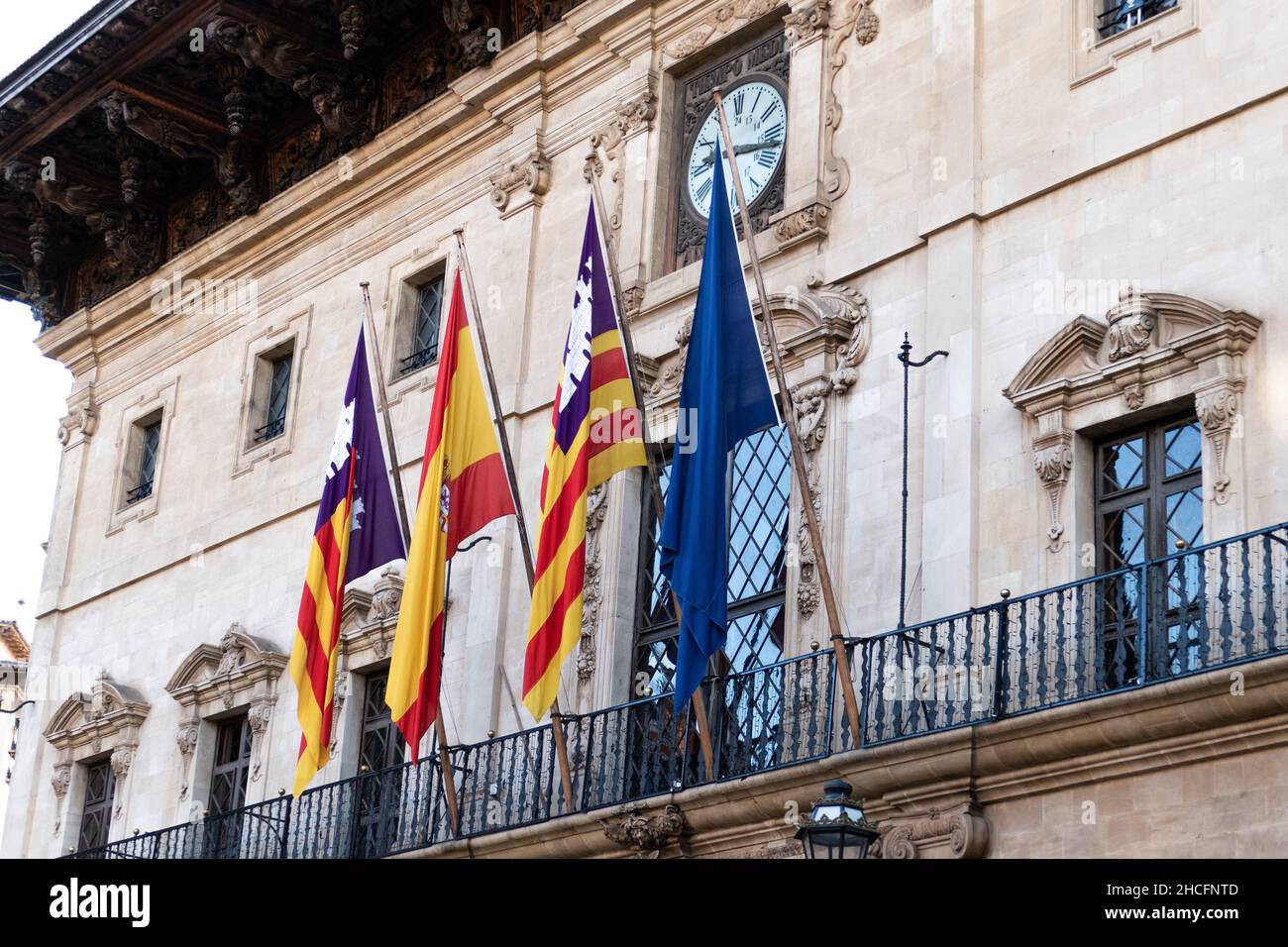 Palma de Mallorca, Spain; December 7th 2021: Palma Town Hall flags. The ...