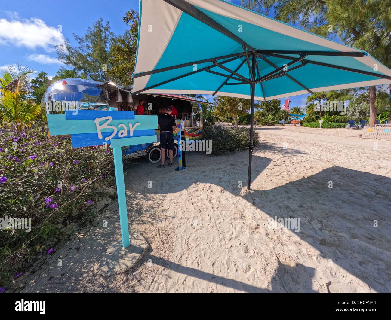 Bahamas - December 7, 2021: A bar in a trailer at Coco Cay which is ...