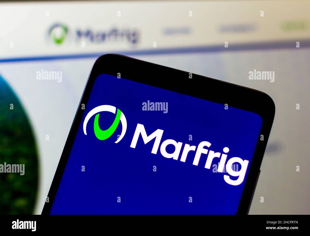 In this photo illustration the Marfrig Global Foods logo seen displayed ...