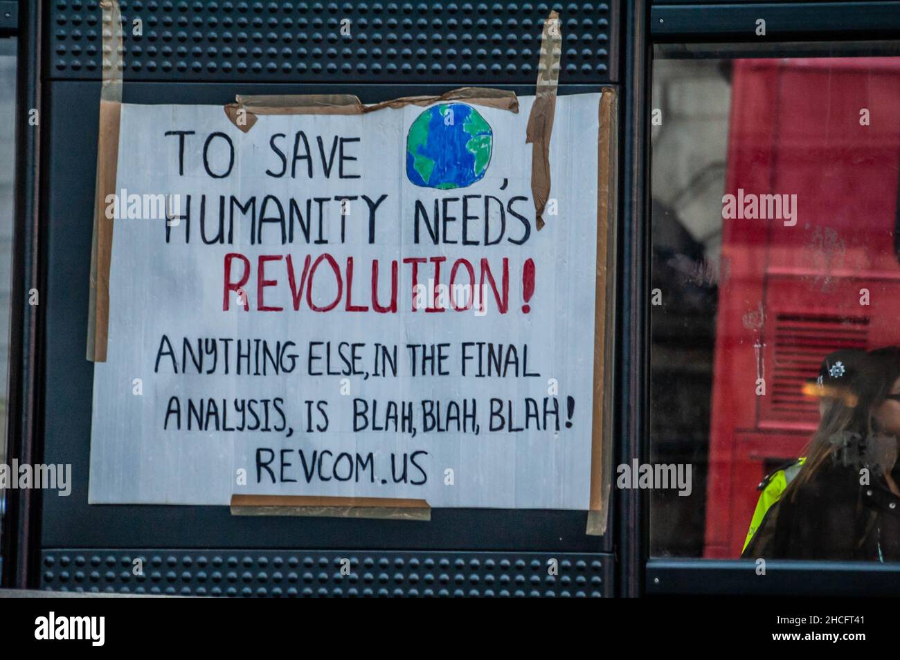 Climate change banner at the Global Day for Climate Justice Stock Photo ...