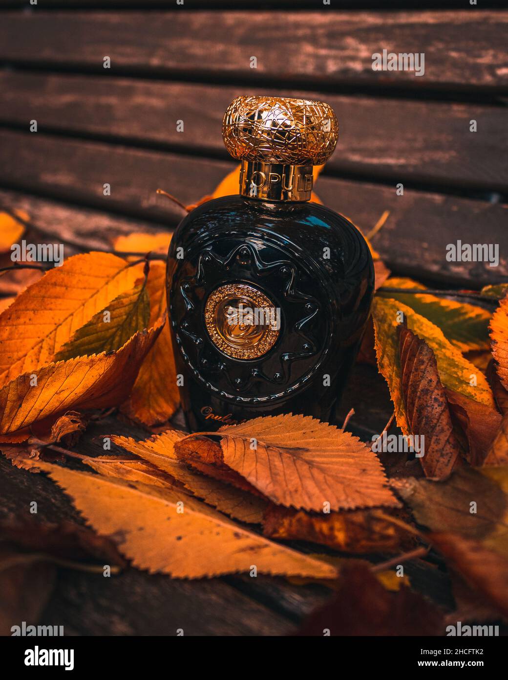 Female perfume in a beautiful bottle with autumn leaves frame Stock ...