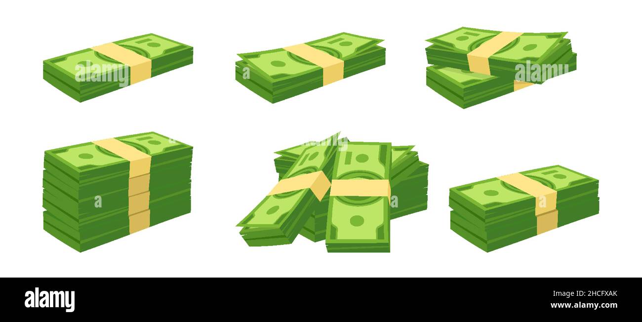 Money cash dollar pile, stack cartoon set. Hundreds paper stack dollars ...