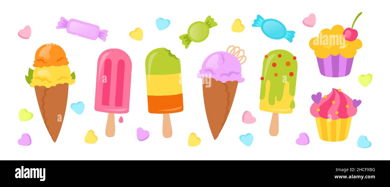 Ice cream cartoon set. Muffin, lollipop, ice creams cone vanilla fruit ...