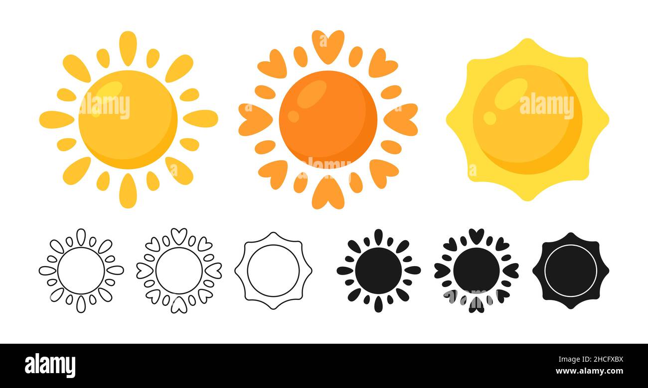 Sun icon weather set. Line, silhouette cartoon suns, symbol weather ...