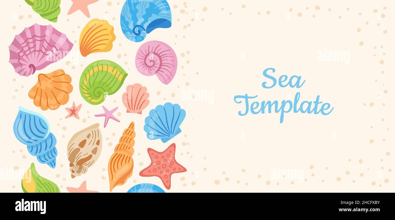 Seashells cartoon template background. Ocean flat backdrop. Marine ...
