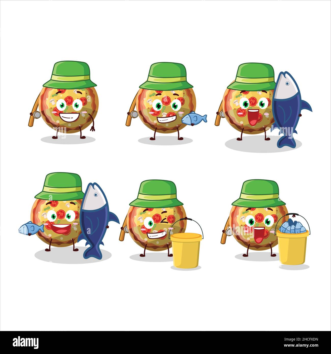 A fisherman pizza gummy candy cartoon picture catch a big fish. Vector ...