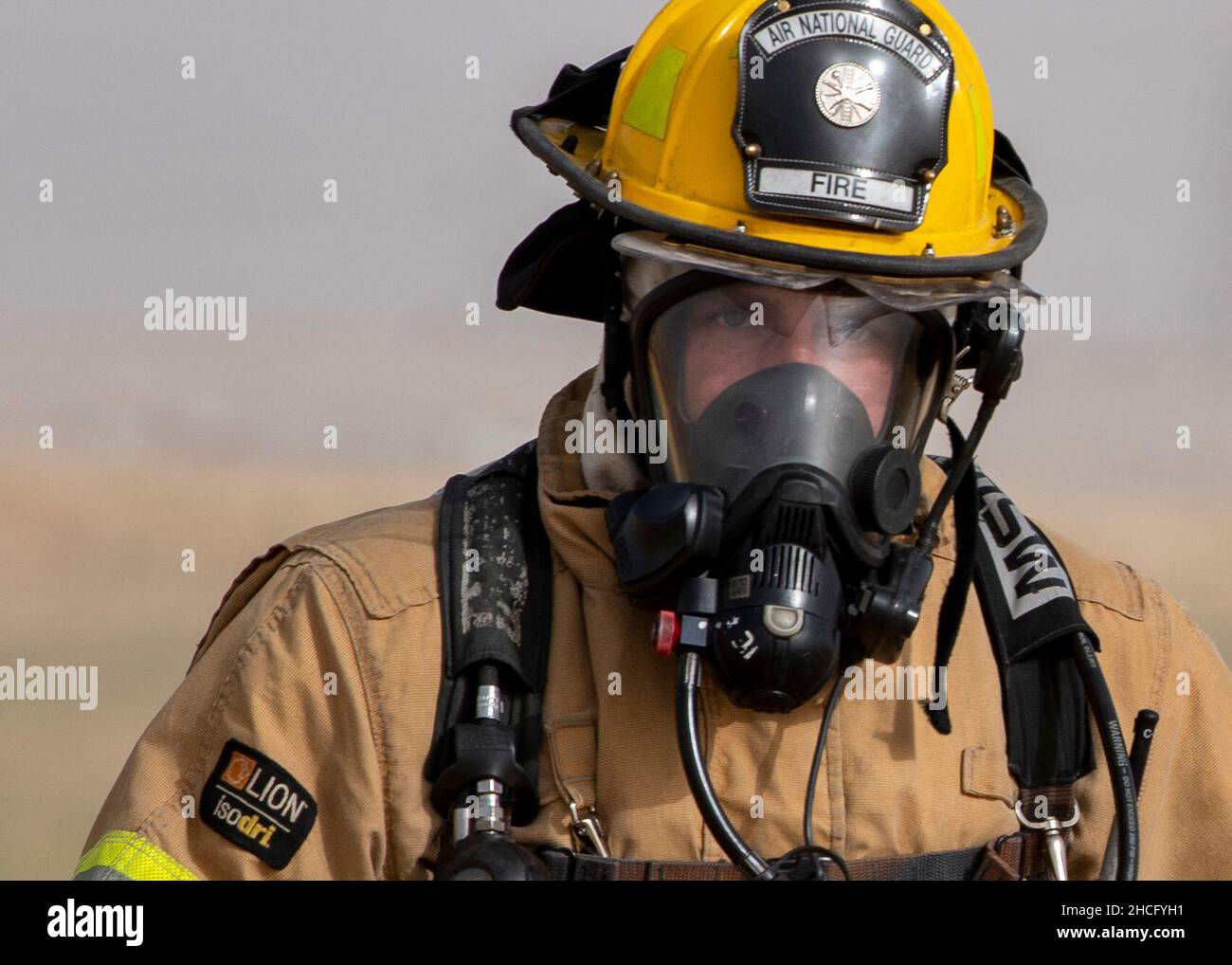 A U.S. Air National Guard fireman assigned to the 386th Air ...