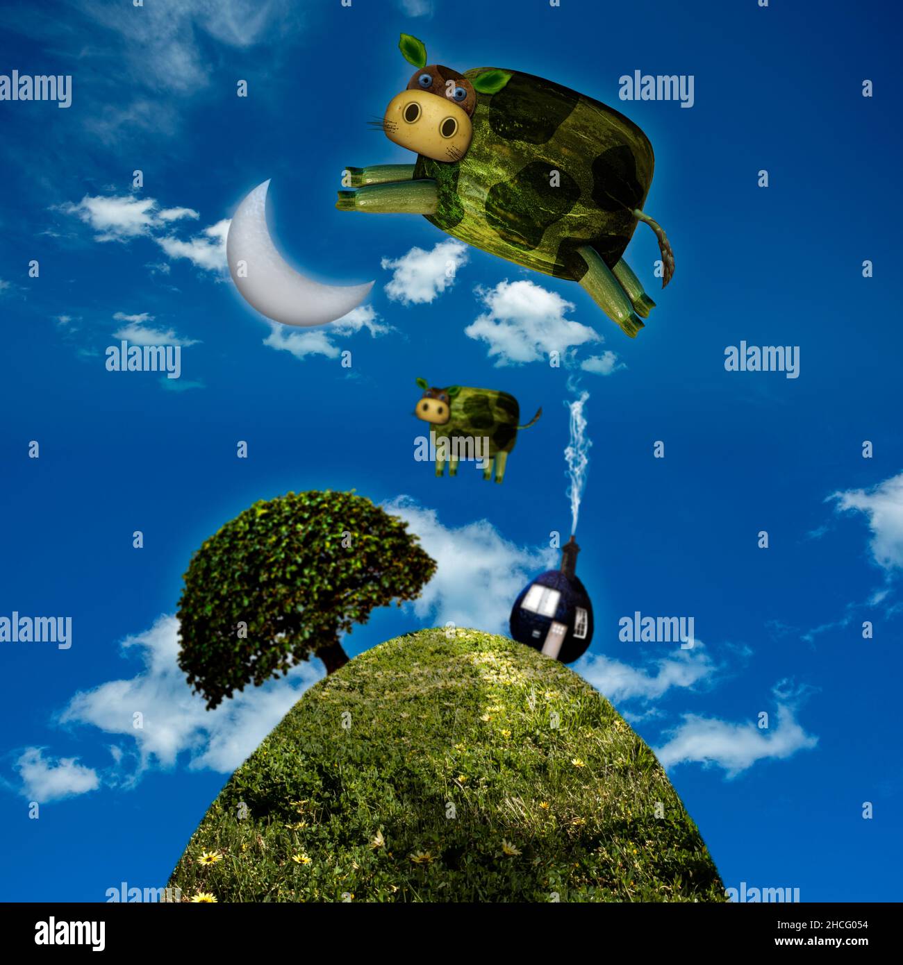 The cow jumped over the moon. A second cow is also rising up from a ...