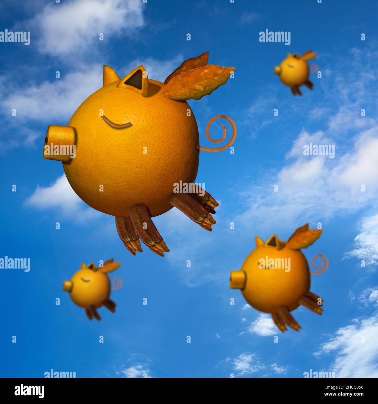 Pigs can fly. Flying pigs in a blue sky with white clouds Stock Photo ...