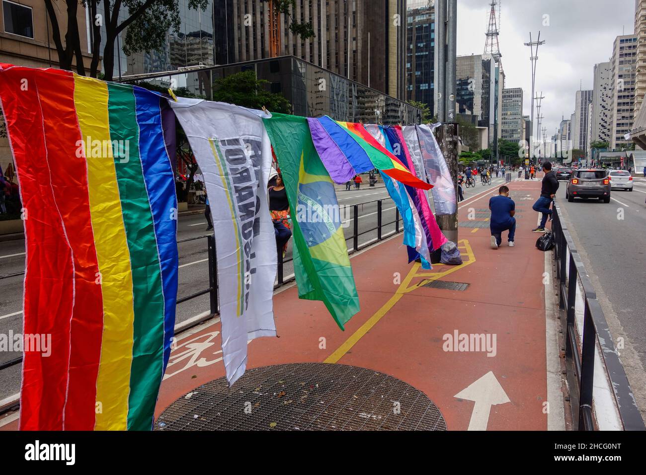 Flags of Brazil, lgbt movement hanging on rope on the street Stock ...