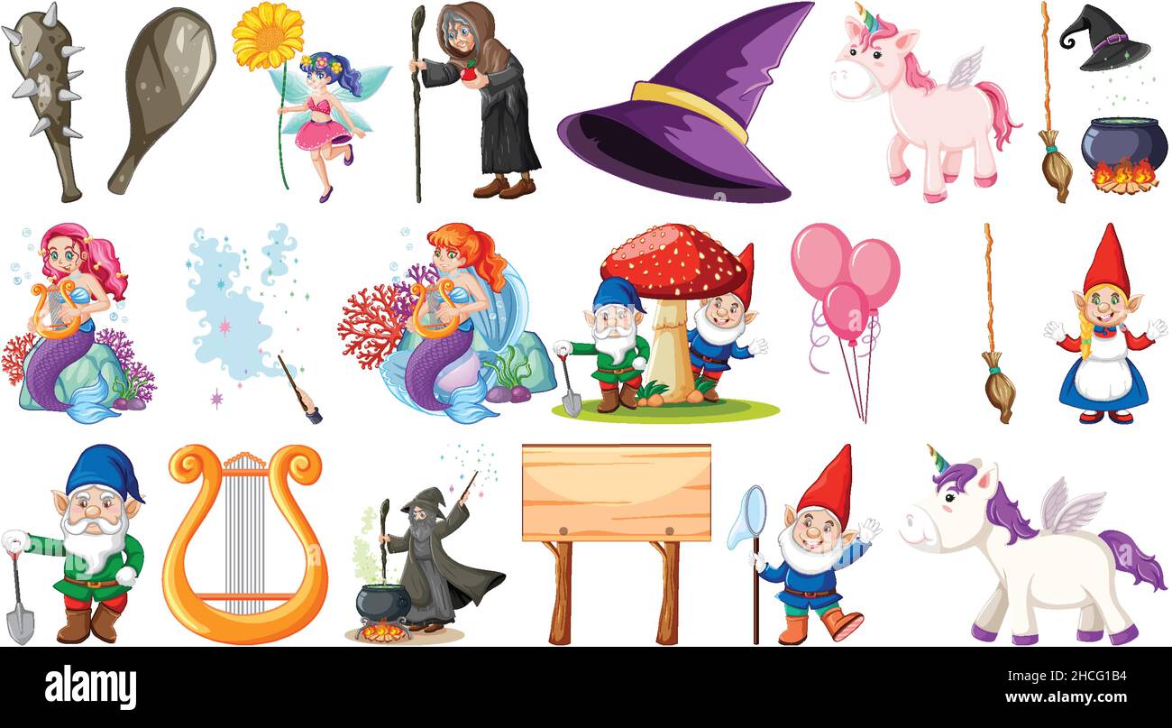 Set of fantasy fairy tale characters and elements illustration Stock ...