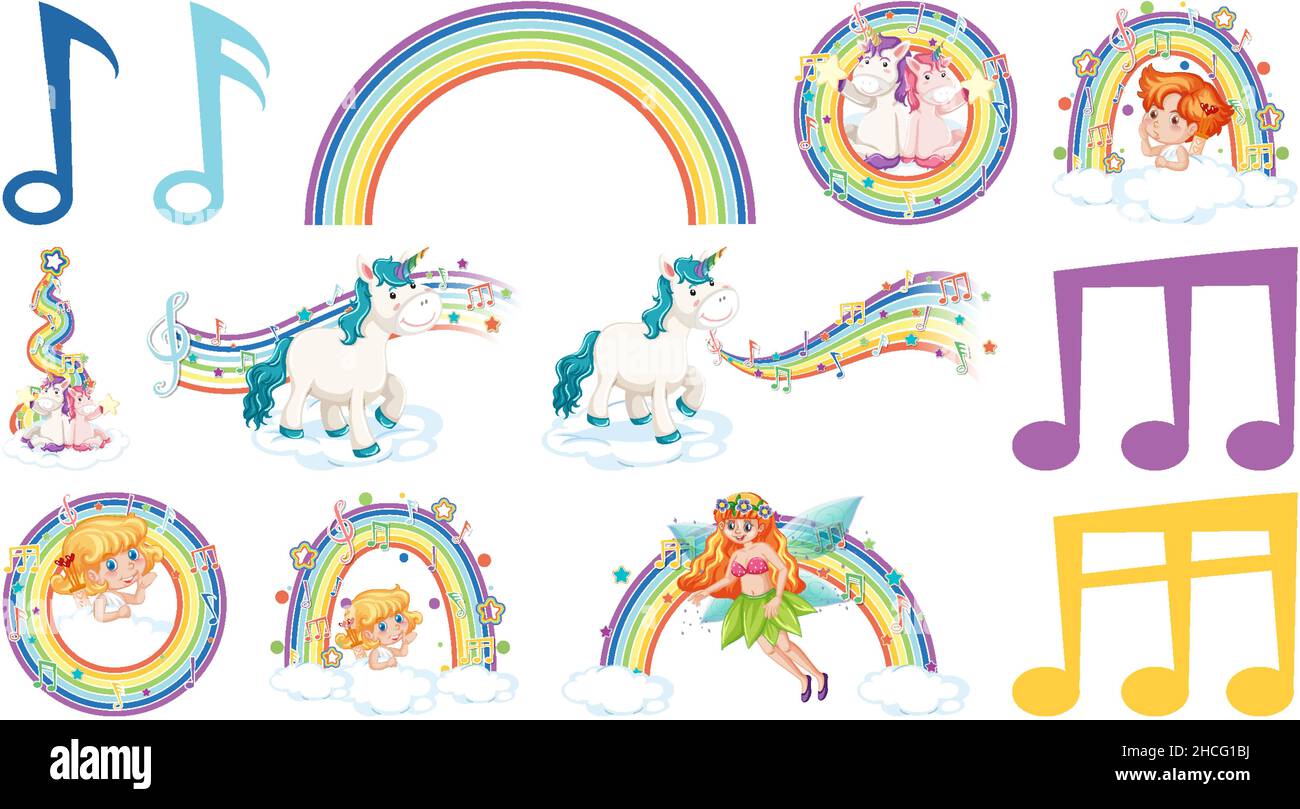 Set of fantasy fairies and cupids with rainbow elements illustration ...