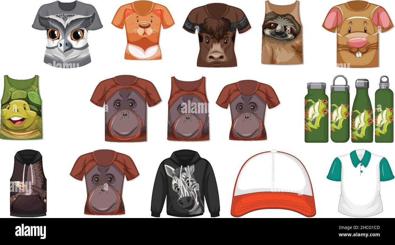 Set of different clothes with animal face pattern illustration Stock ...
