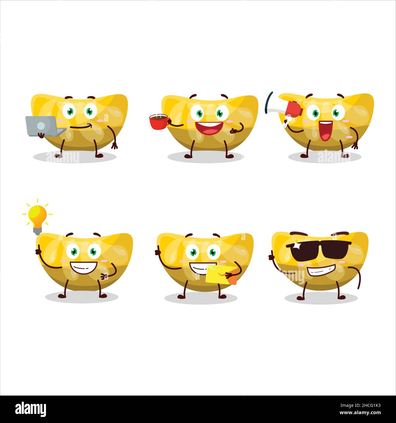 Orange gummy candy cartoon character with various types of business ...