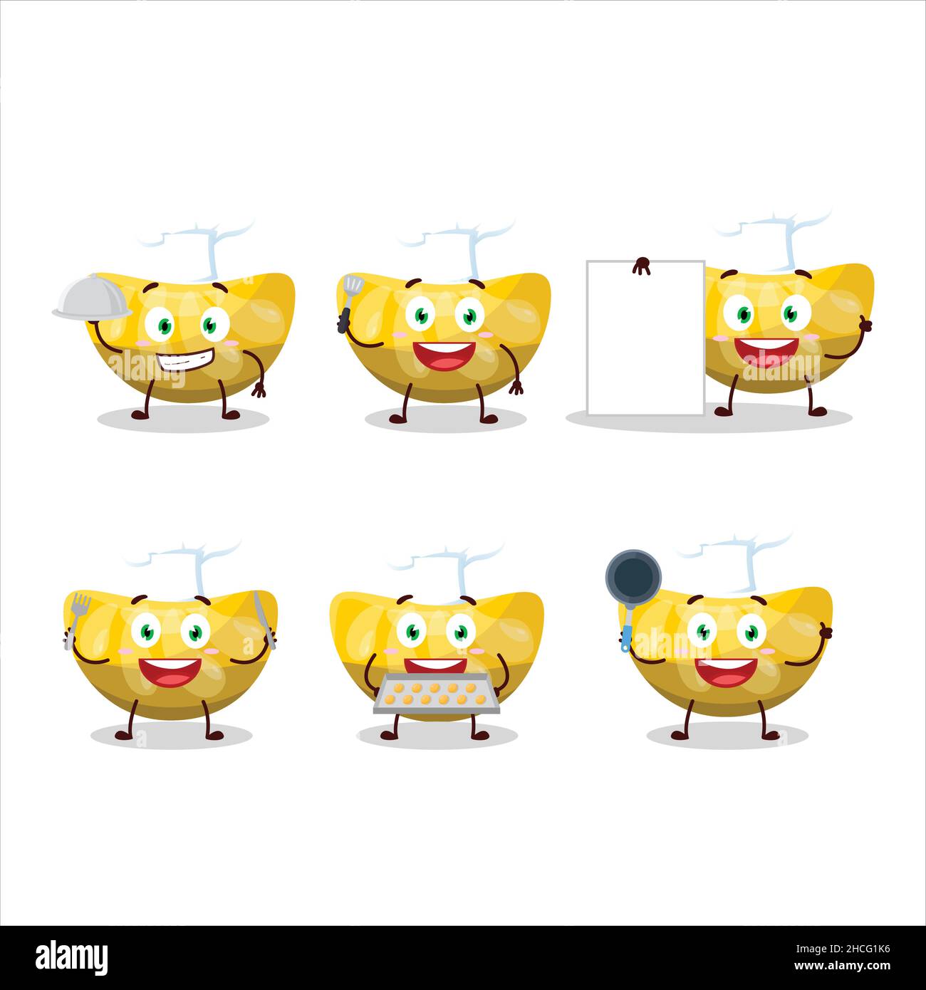Cartoon character of orange gummy candy with various chef emoticons ...