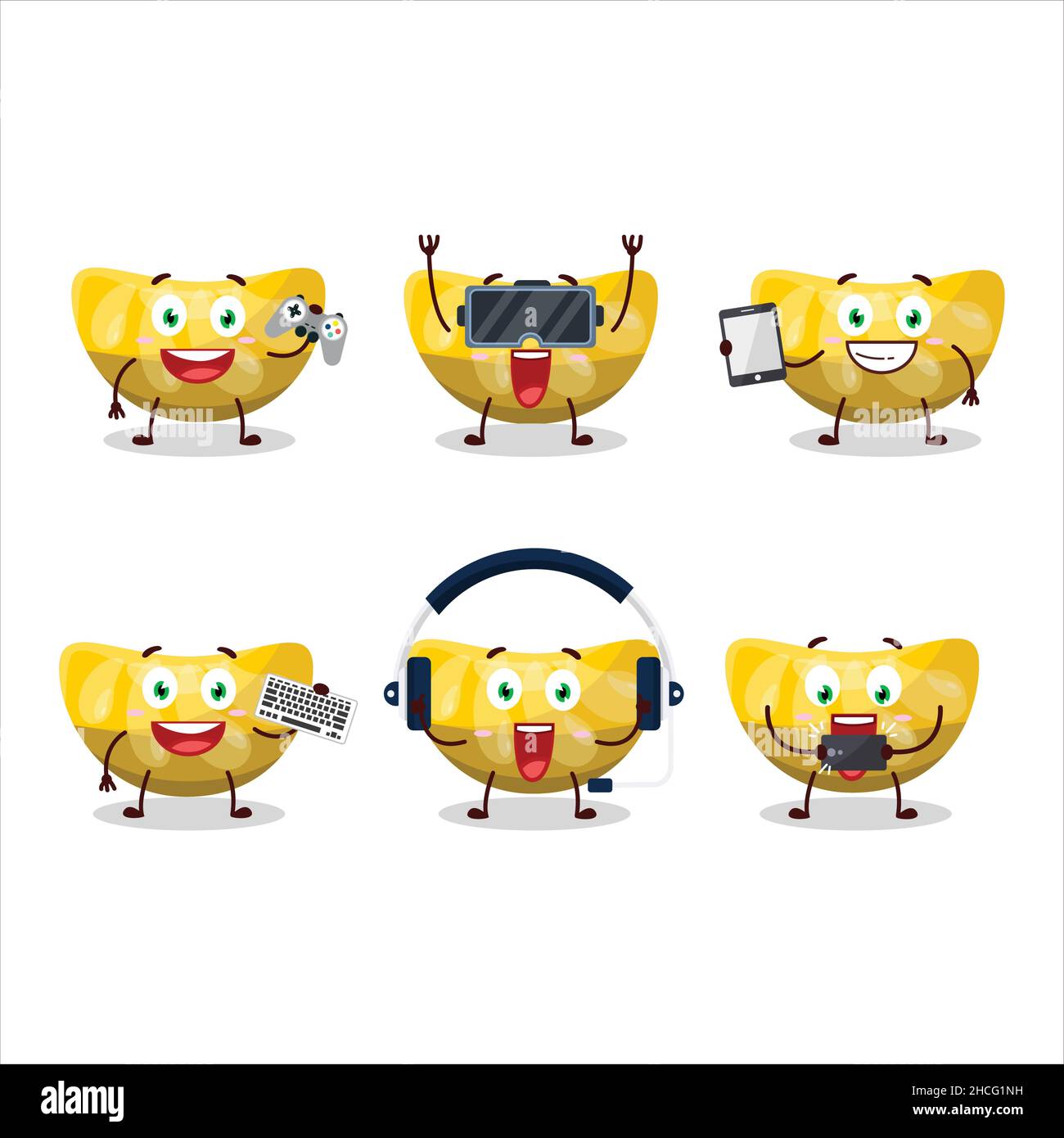 Orange gummy candy cartoon character are playing games with various ...