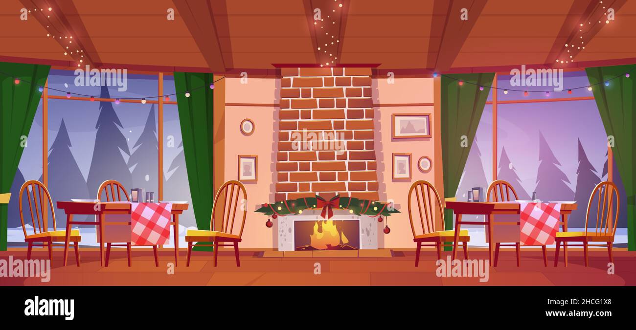 Pizzeria or family cafe with Christmas decor, burning fireplace ...