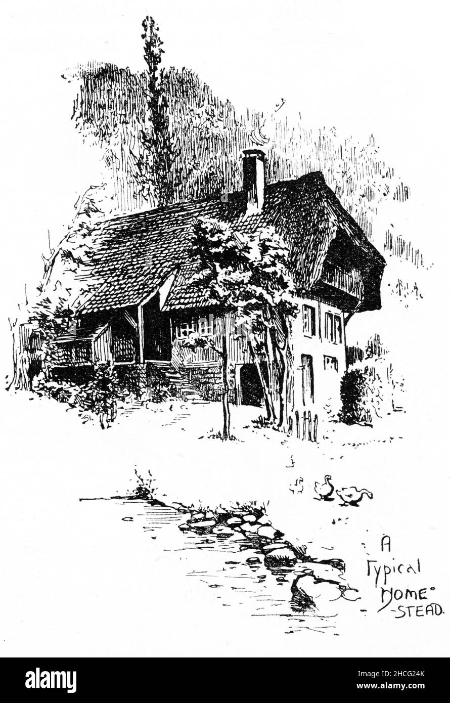 Engraving of a traditional cottage in England. published circa 1910 ...