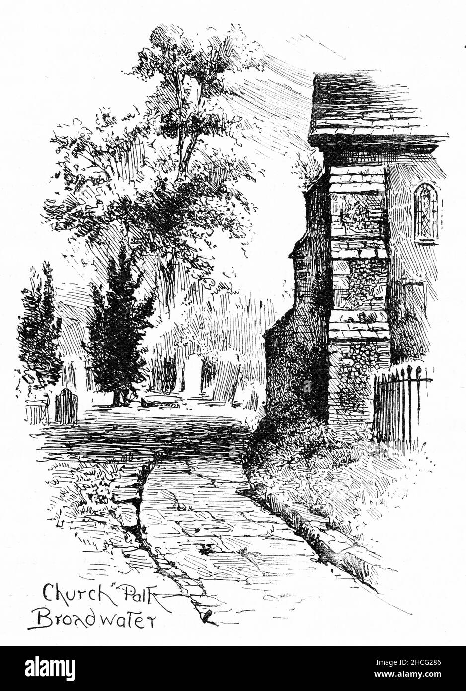 Engraving of a traditional church path at Broadwater, England ...