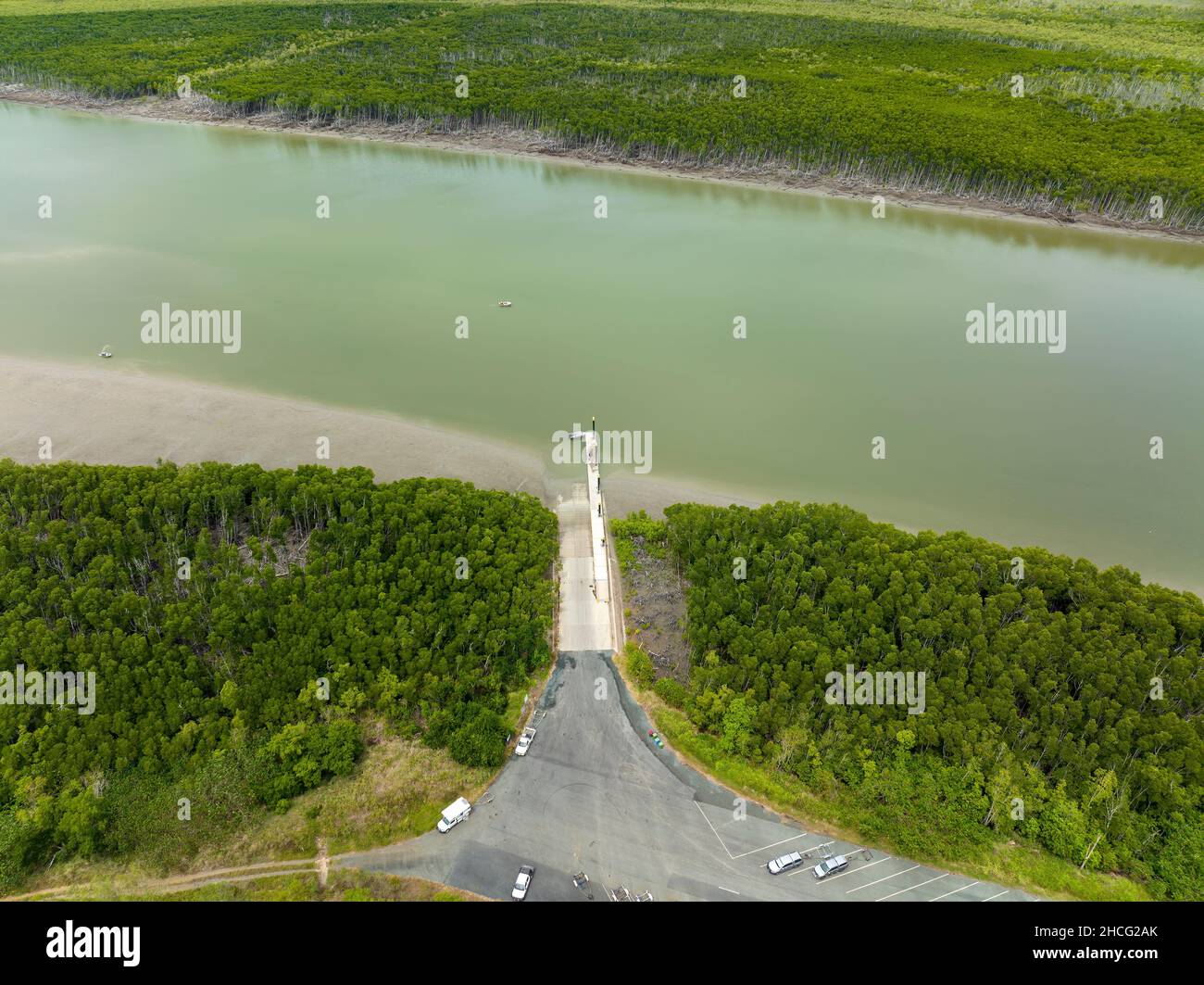 Overhead drone view of boat launch ramp and jetty on Proserpine River ...