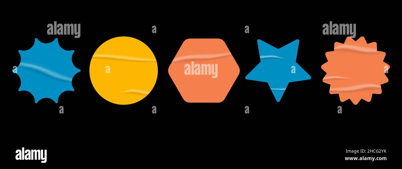 Blank stickers set. Empty colorful patches mockups with wrinkles ...