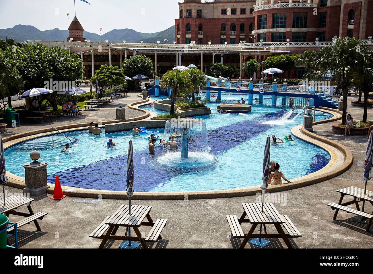 View of swimming pool at a luxury resort near the Agape Chapel on a ...