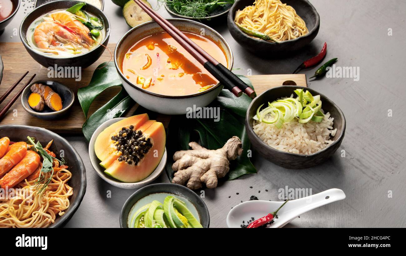 Asian dishes variety on gray background. Traditional food cocnept. copy ...