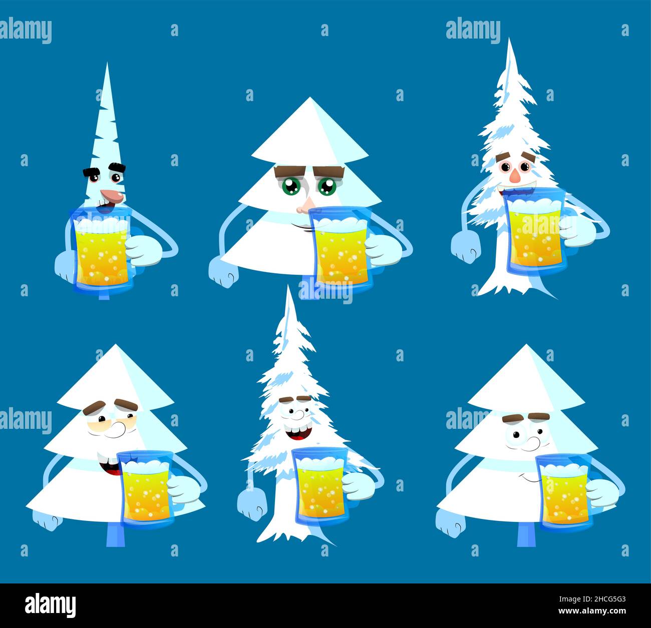 Cartoon winter pine trees with faces drinking beer. Cute forest trees ...