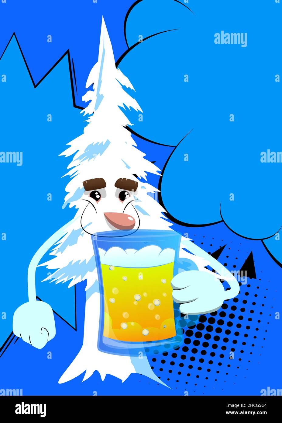 Cartoon winter pine trees with faces drinking beer. Cute forest trees ...