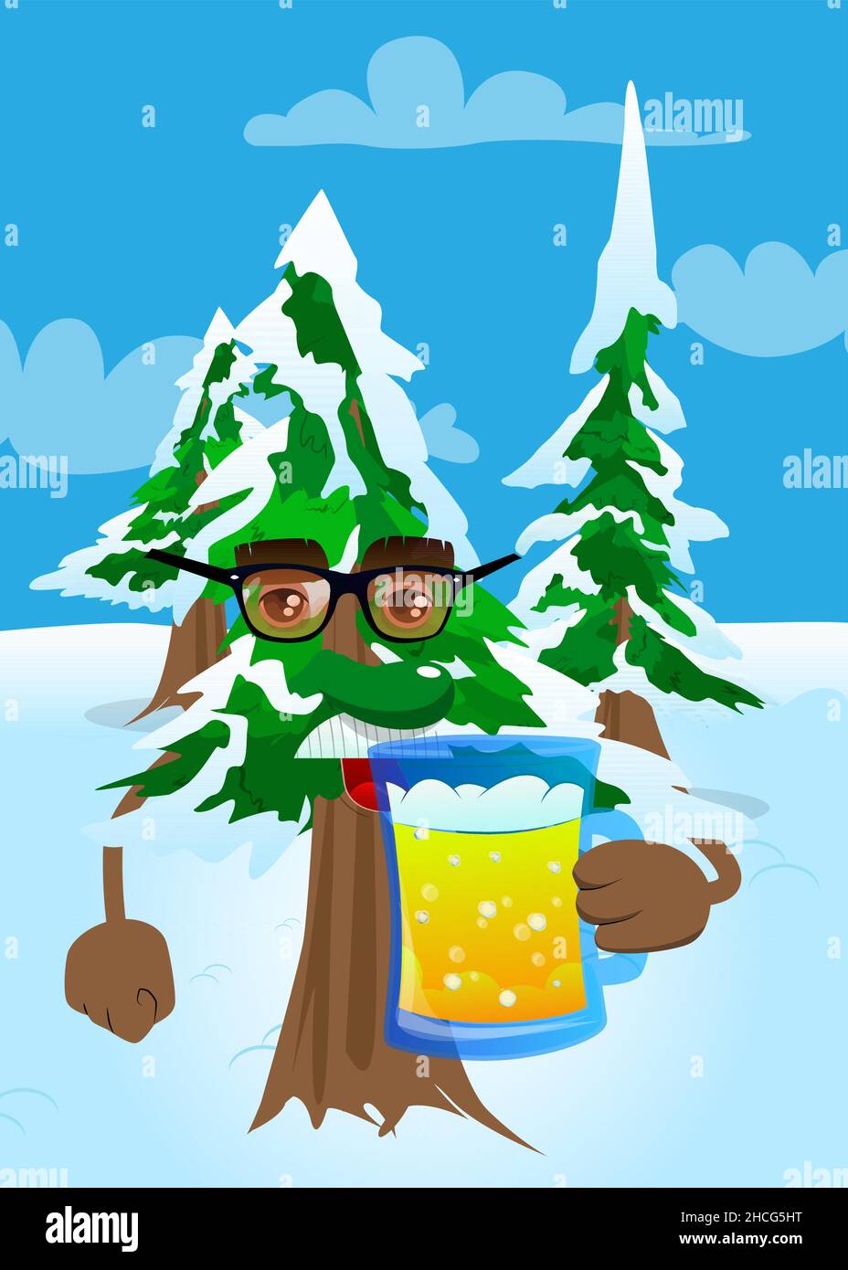 Cartoon winter pine trees with faces drinking beer. Cute forest trees ...