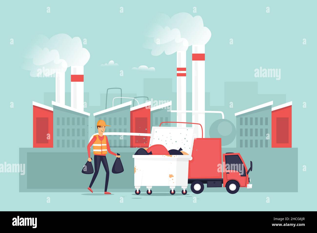 Garbage pick up routine on industrial area. Red and Green colored ...